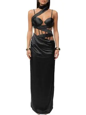JLUXLABEL Satin Maxi Cocktail Dress - Black
