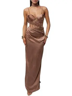 JLUXLABEL Satin Maxi Cocktail Dress - Brown
