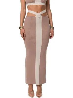 JLUXLABEL Ribbed Crop Top And Skirt Set - Brown