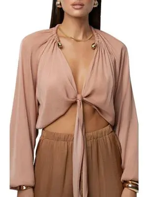 JLUXLABEL Tie Front Crop Top - Mauve