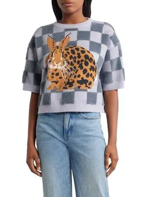 DRESSED IN LALA Leopard Bunny Short Sleeve Sweater - Blue Check