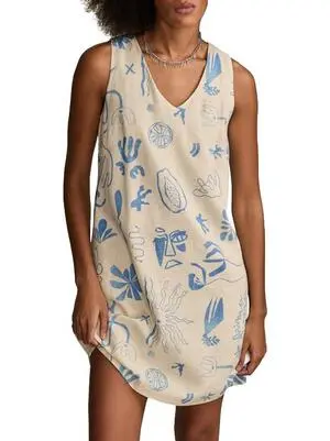 Lucky Brand Mixed Print Linen Blend Mini Dress - Blue Coral Print