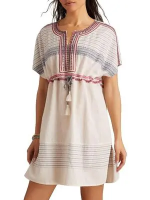 Lucky Brand Embroidered Drawstring Waist Cotton Sundress - Cream And Navy Jacquard