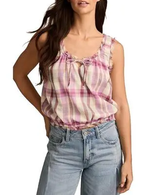 Lucky Brand Ruffle Tie-neck Cotton Top - Purple Plaid
