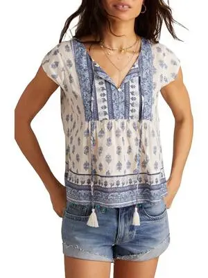 Lucky Brand Printed Split Neck Cotton Top - Blue Multi