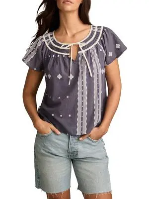 Lucky Brand Embroidered Cotton Peasant Top - Night Shadow Blue