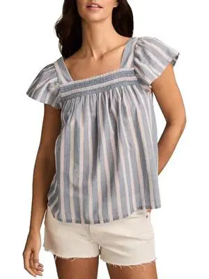 Lucky Brand Stripe Smocked Square Neck Cotton Top - Navy Stripe