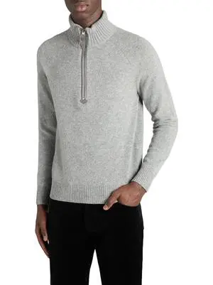 TOM FORD Lambswool & Cashmere Half Zip Sweater - Grey Melange