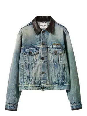 Miu Miu Denim Jacket With Leather Collar - Blue