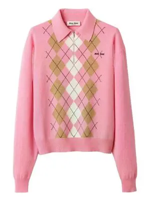 Miu Miu Argyle Intarsia-knit Half-zip Sweater - Pink