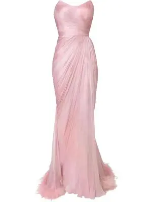 IRIS SERBAN Mera Pleated Feather-trimmed Gown - Pink