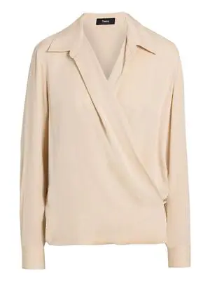 Theory Wrap-effect Silk Crepe De Chine Blouse - Beige