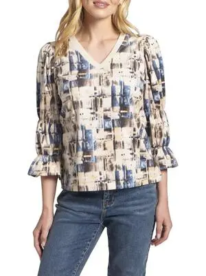 APNY Geo Print V-Neck Shirt Cream Multi