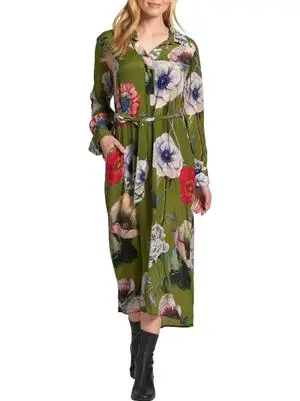 APNY Long Sleeve Shirtdress - Olive Green Multi