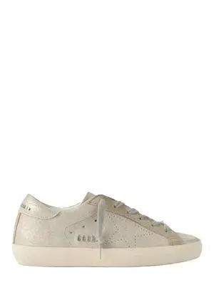 GOLDEN GOOSE Super-Star Distressed Glittered Sneakers Beige