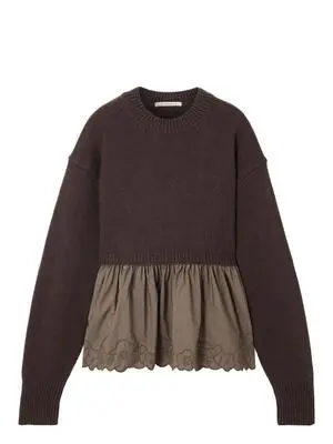 Cecilie Bahnsen Embroidered Cashmere And Wool-blend Peplum Sweater - Brown