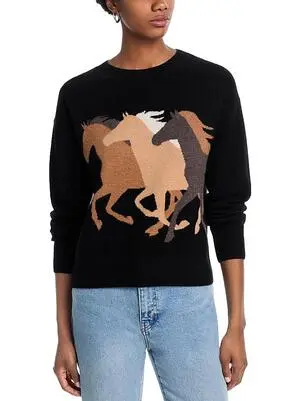 Aqua Cashmere Horse Intarsia Sweater - Black