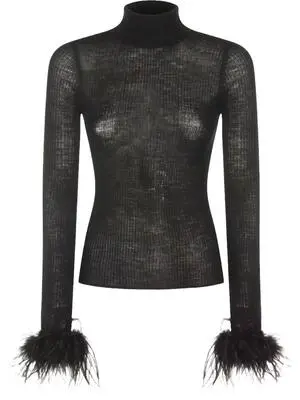 Blumarine Feather-trimmed Ribbed-knit Jumper - Black