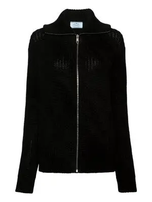 Prada Enamel-Triangle Zip-Up Cardigan Black