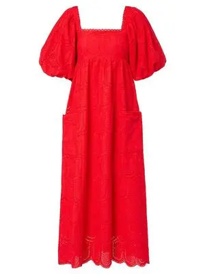 Farm Rio Broderie Anglaise Cotton Midi Dress - Red