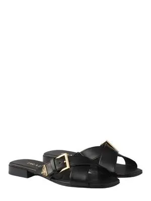 Prada Leather Crisscross Slides With Buckle - Black
