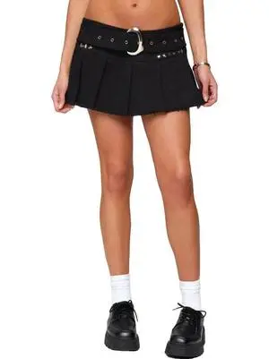 EDIKTED Belted Pleated Denim Mini Skirt - Black