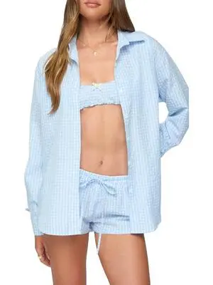 EDIKTED Yaffa Gingham Oversize Seersucker Shirt - Light-blue