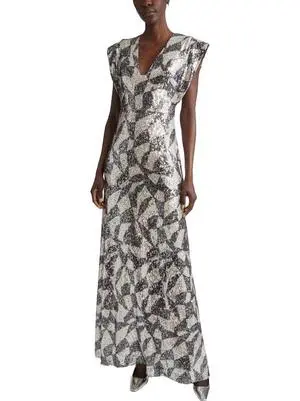 St. John Cubist Sequin Gown - Ecru/black Multi