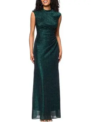 Betsy & Adam Ruched Sleeveless Gown - Black/emerald