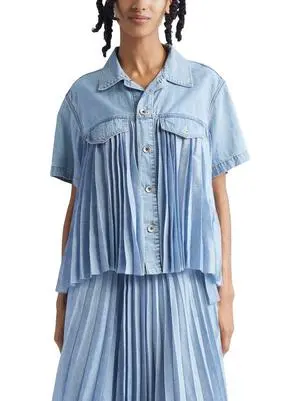 Sacai Mixed Media Short Sleeve Shirt - Light Blue