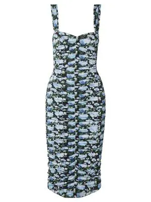 Carolina Herrera Ruched Floral-print Midi Dress - Blue