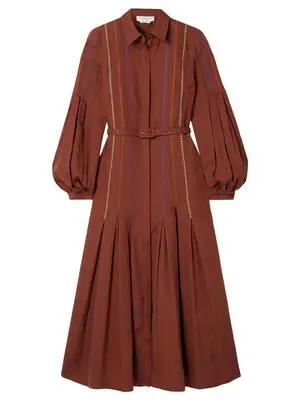 Gabriela Hearst Aleka Belted Embroidered Linen Midi Shirt Dress - Burgundy