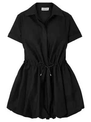 Loewe Leather-trimmed Gathered Cotton And Silk-blend Poplin Mini Shirt Dress - Black