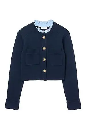 Sandro Wool And Cashmere-blend Cardigan With Denim Collar - Navy Blue