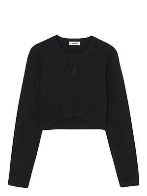 Sandro Long-sleeve Cropped Stretch-cotton T-shirt - Black