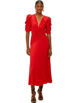 Farm Rio Gathered Midi Dress - Red