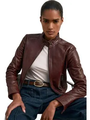 REISS Astra Fitted Leather Biker Jacket - Burgundy