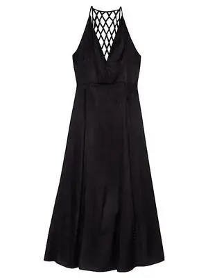 Maje V-neck Braided-back Satin Maxi Dress - Black