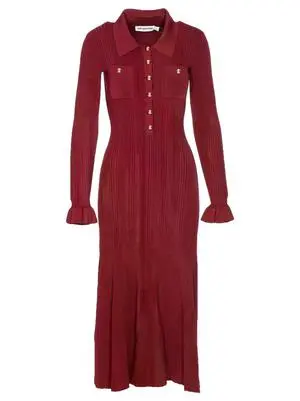 SELF-PORTRAIT Ribbed Button-Front Dress Red