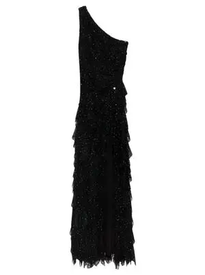 NISSA Embellished Ruffled Asymmetric Evening Dress - Black