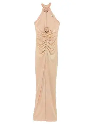 NISSA Rose-embellished Ruched Maxi Dress - Neutrals