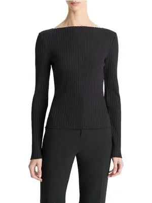 Vince Ribbed Cotton-blend Slash-neck Top - Black