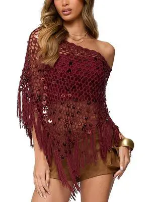 EDIKTED Fringe Sequin Crochet Poncho - Burgundy