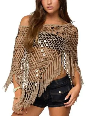EDIKTED Fringe Sequin Crochet Poncho - Tan