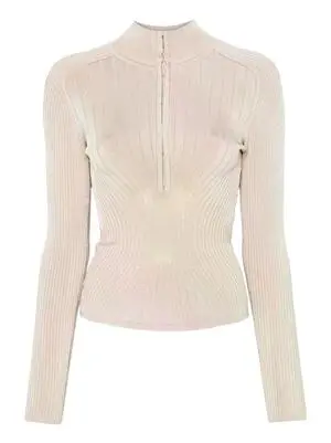 MUGLER Ribbed Zip-front Sweater - Neutrals
