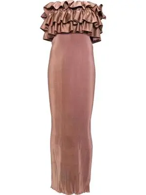 L'IDEE Pleated Ruffled Maxi Evening Dress - Brown