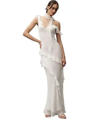 DE LA VALI Hemera Silk Chiffon Ruffle Scarf-neck Maxi Dress - Ivory