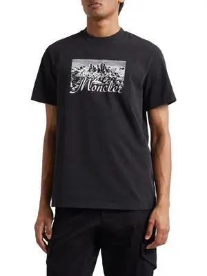 Moncler Black Mountain Logo Cotton Graphic T-shirt - Smoky Black