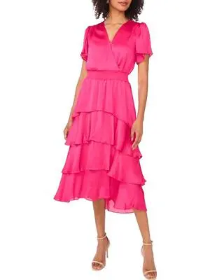 Vince Camuto Flutter Sleeve Tiered Midi Dress Beetroot Pink