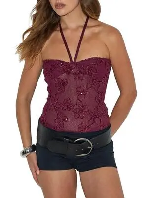 MOTEL Ruwi Sequin Beaded Halter Top - Sequin Knit Burgundy